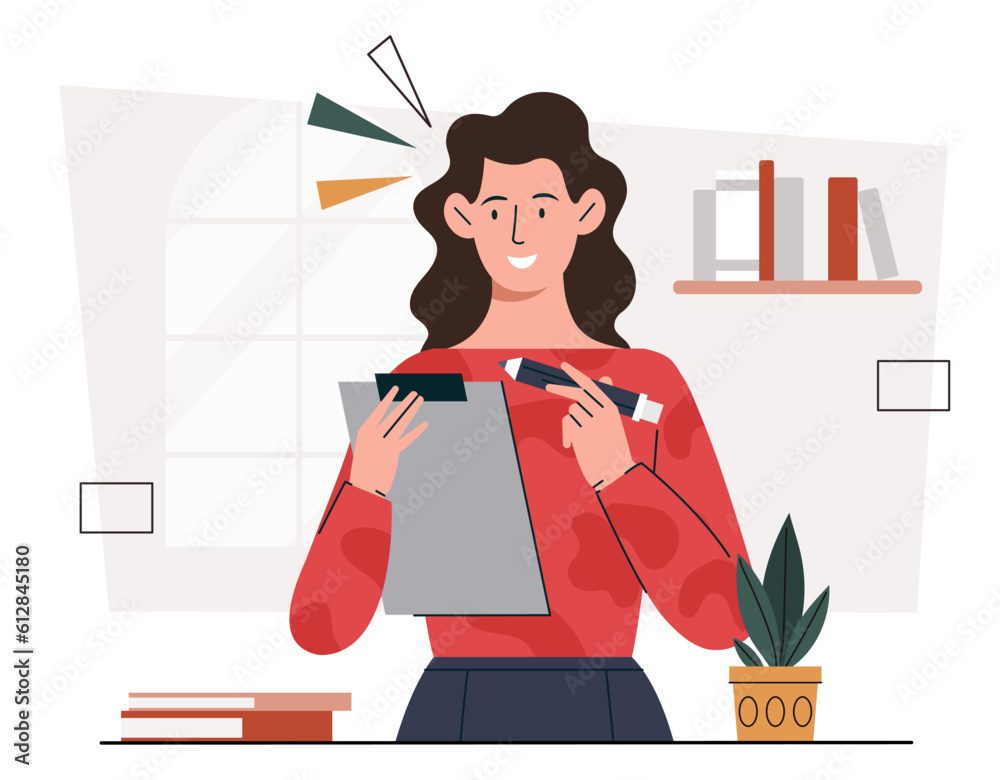 Woman make notes concept. Young girl with notebook counts money ...