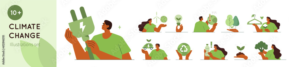 Climate change concept illustrations. Mega set. Collections of men and ...