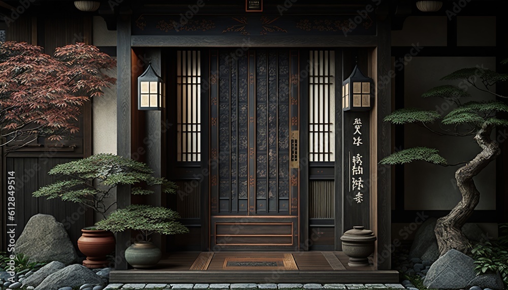 Japandi style front door made out of natural wood and bamboo ...