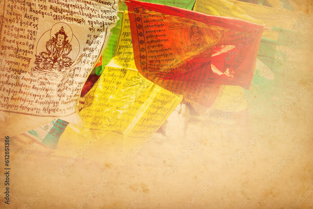 Tibetan prayer flags vintage background with copy space. The prayer ...