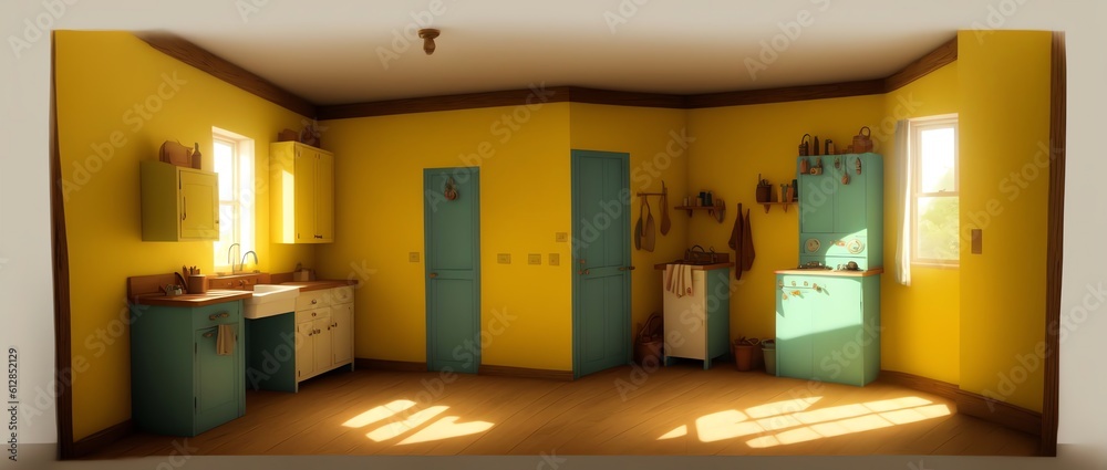 Panorama View of a scullery with yellow walls in Hard Lighting using ...