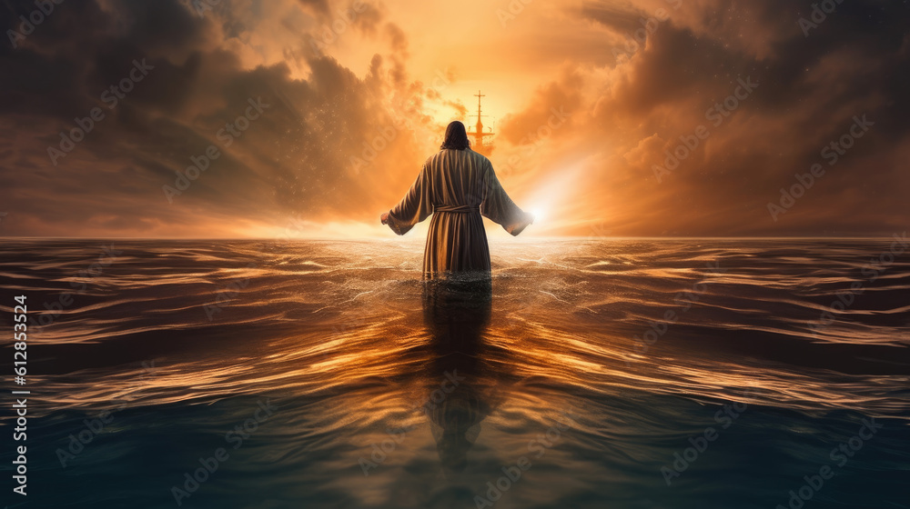 The figure of Jesus walks on water on a beautiful dramatic sunset ...