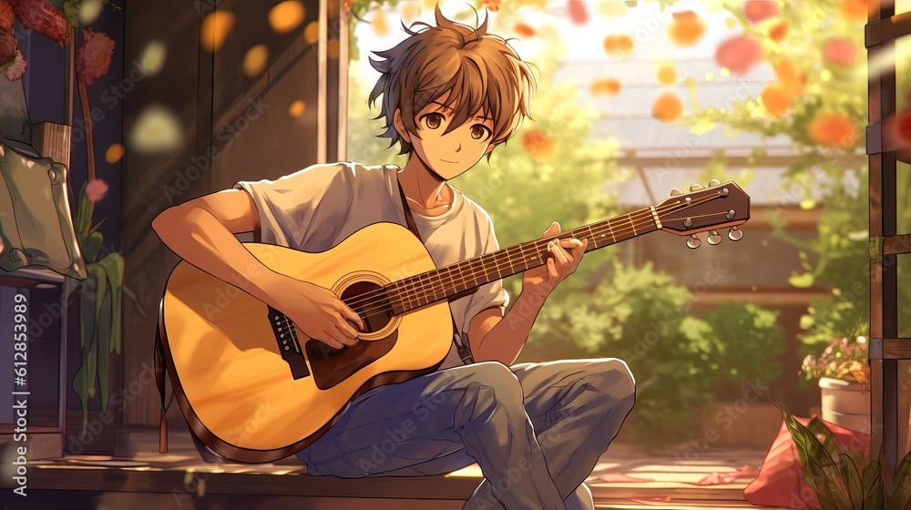 Passionate Anime Boy Playing Guitar: Captivating Illustration of ...