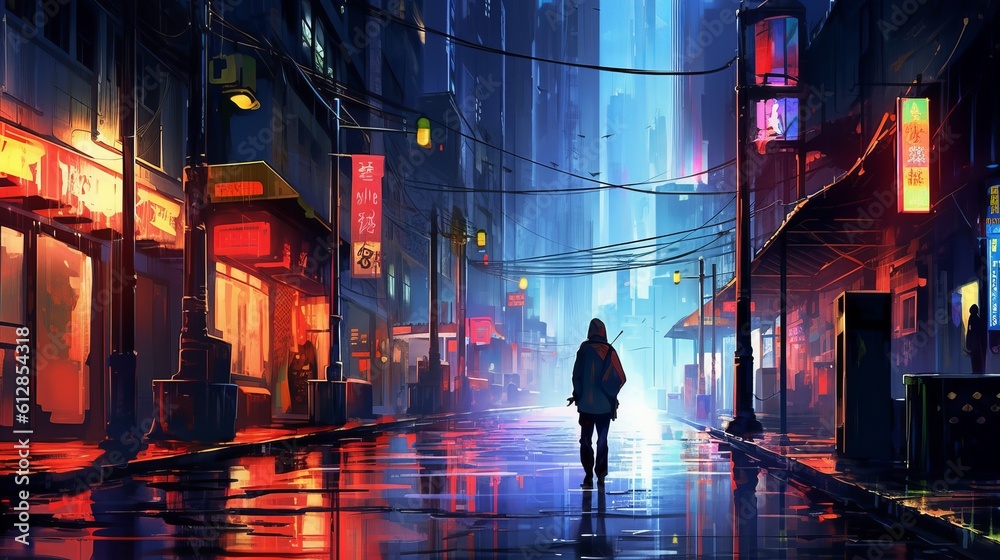 Lonely Anime Character on Rainy City Street: Heartrending Scene with ...