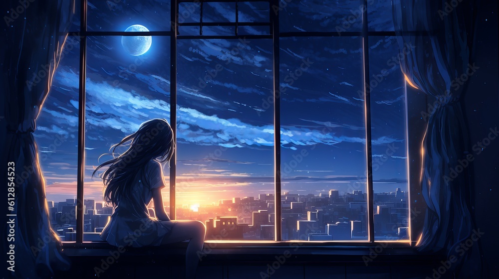 Silhouette of a Girl in Window - Lonely Anime Figure Gazing at Star ...
