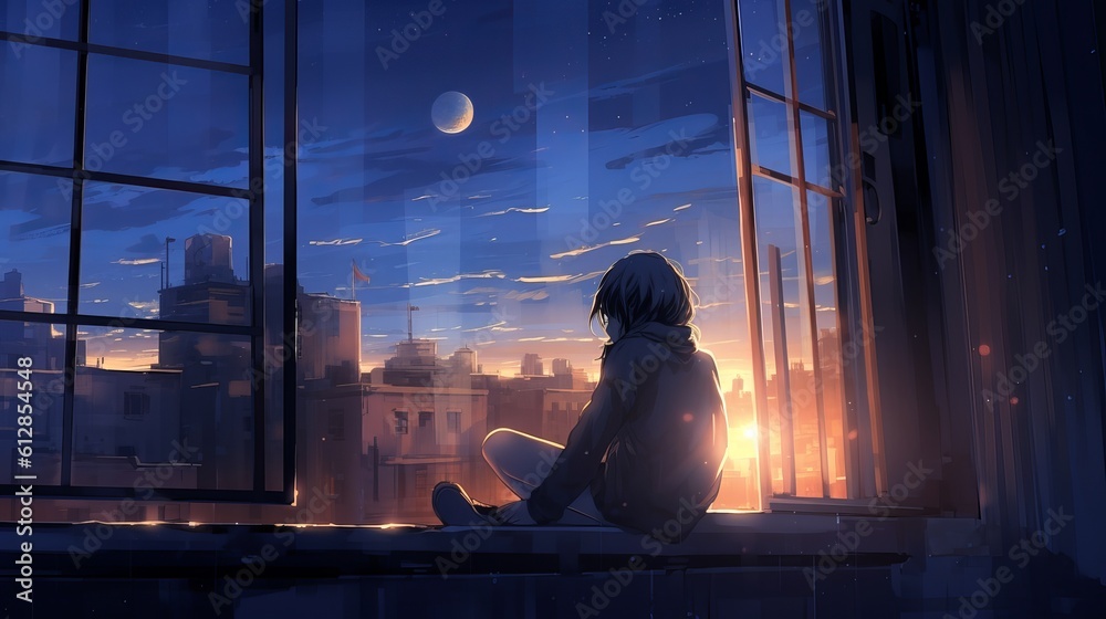 Lonely Anime Figure Gazing at Star-Filled Night Sky - HD Wallpaper with ...