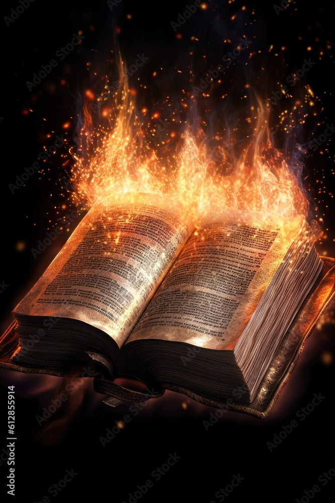 An open Bible with fire and sparks effects with black background ...