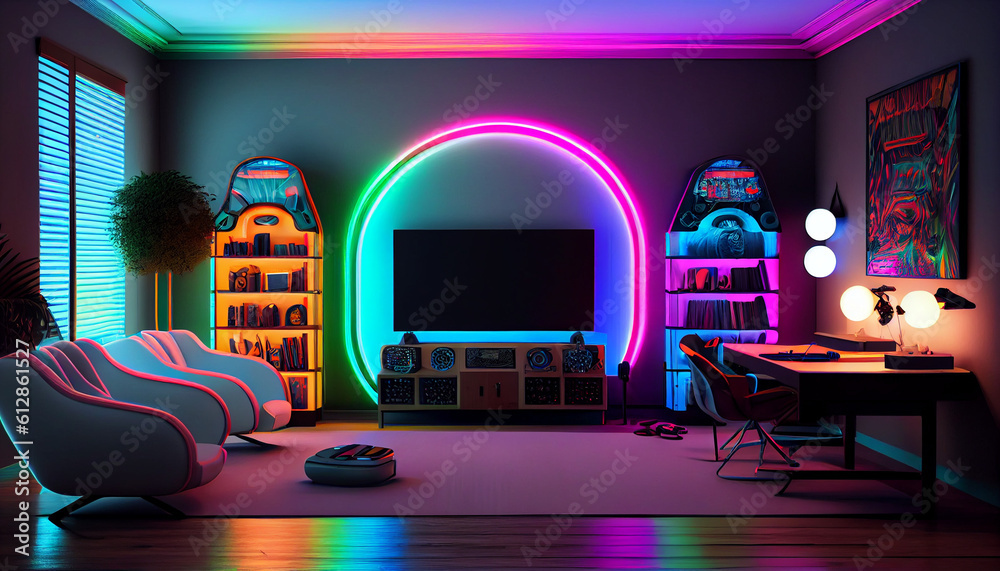 Interior of colorful modern gaming room with neon lighting Ai generated ...