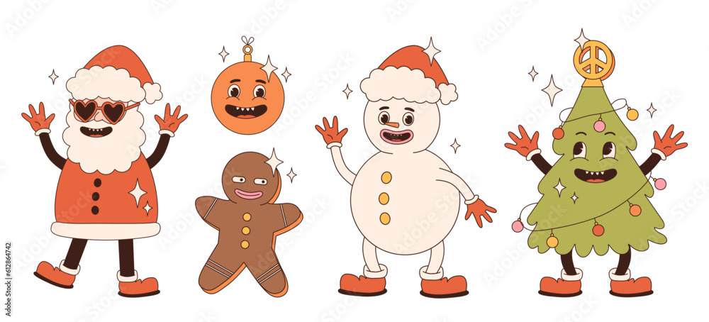 Merry Christmas retro collection 40s cartoon mascot characters. Snowman ...