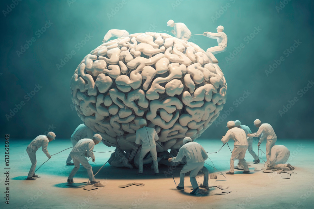 Conceptual image of brain working. Brain in thought process with men ...