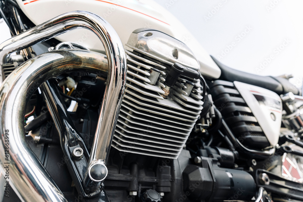 The engine of a classic motorcycle. side view. motor, cylinders, Stock ...