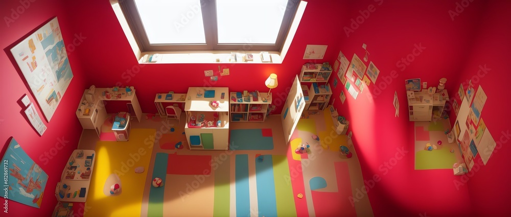Overhead View of a Children's room with crimson walls in Dramatically ...