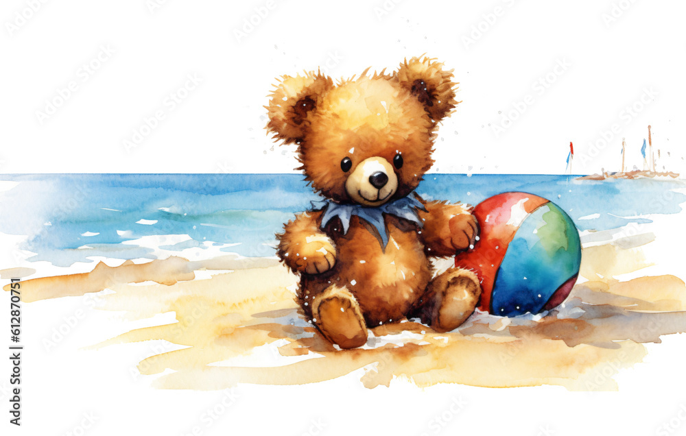 cute teddy bear relaxing at the beach with a beach ball in watercolor ...