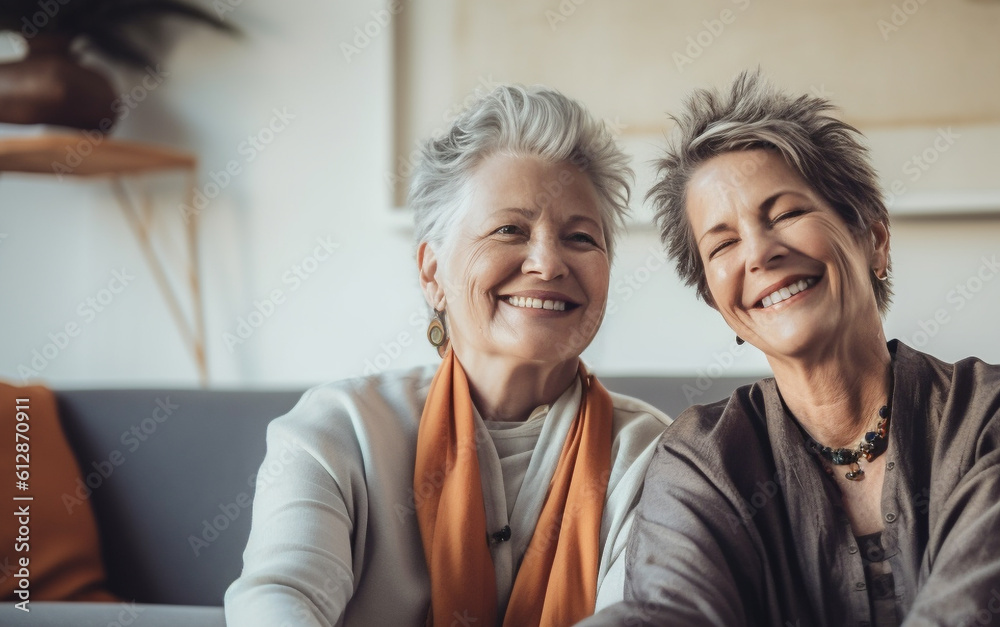 Lovely senior generative ai lesbian couple having practicing ...