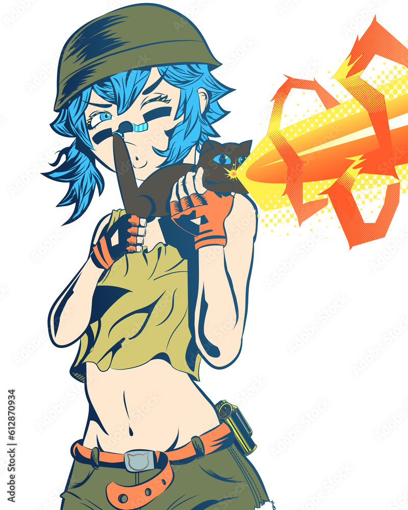 anime comic style illustration blue haired girl using a cat as a laser ...