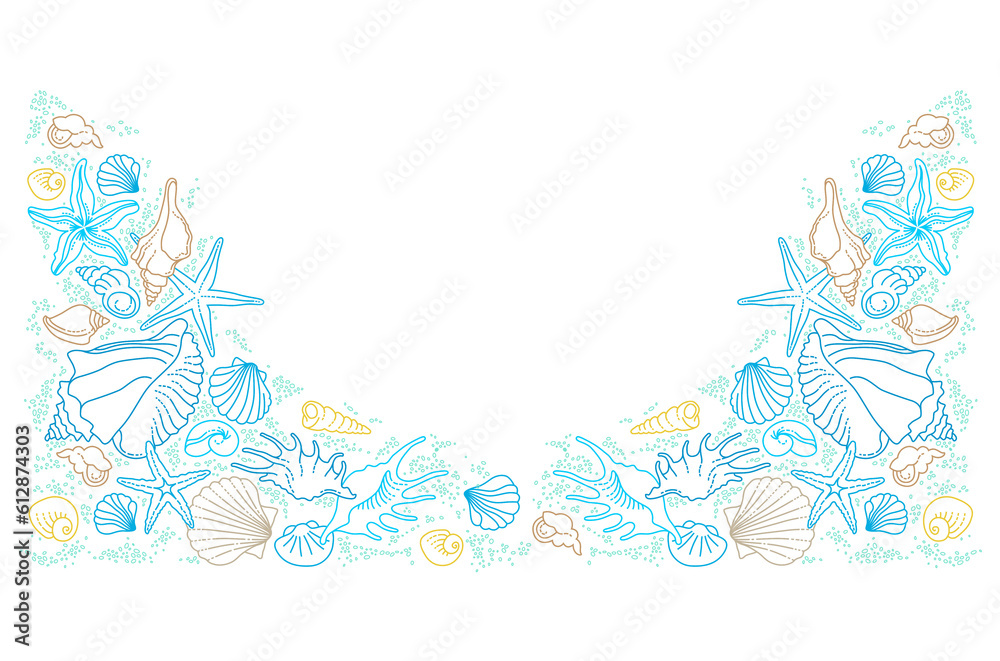 Illustration of line art tropical sea elements, seashells, starfish ...