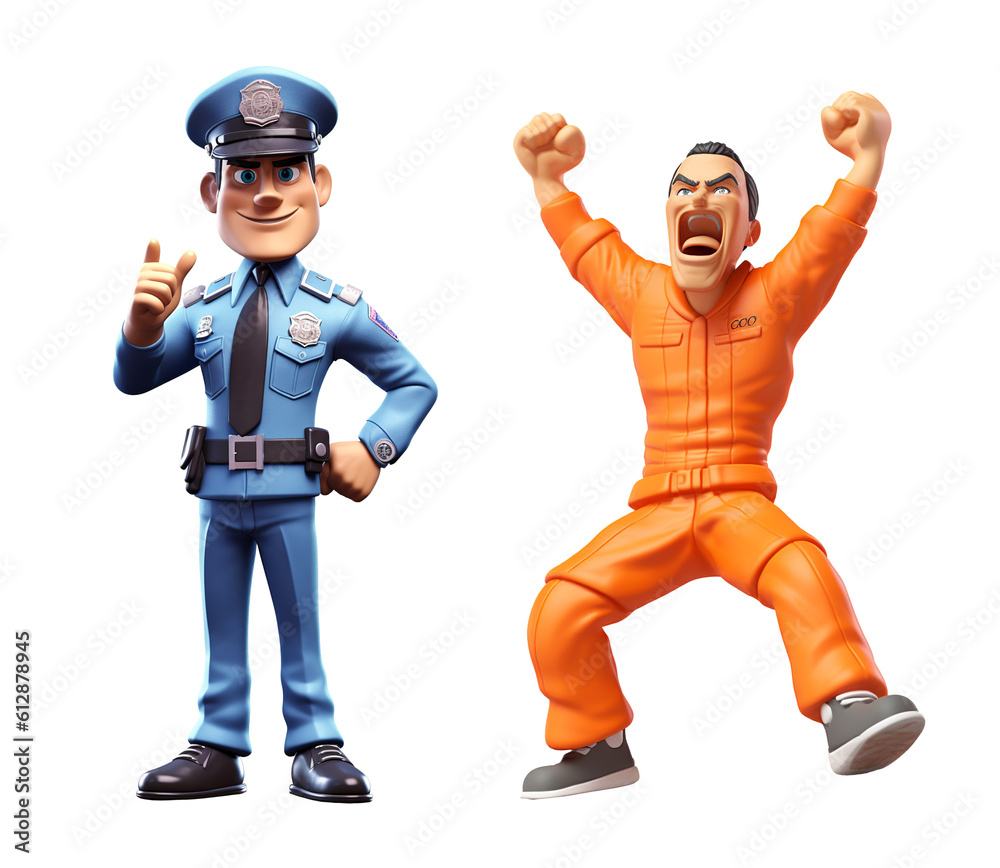 Police and prisoner 3d cartoon characters, isolated on white or ...
