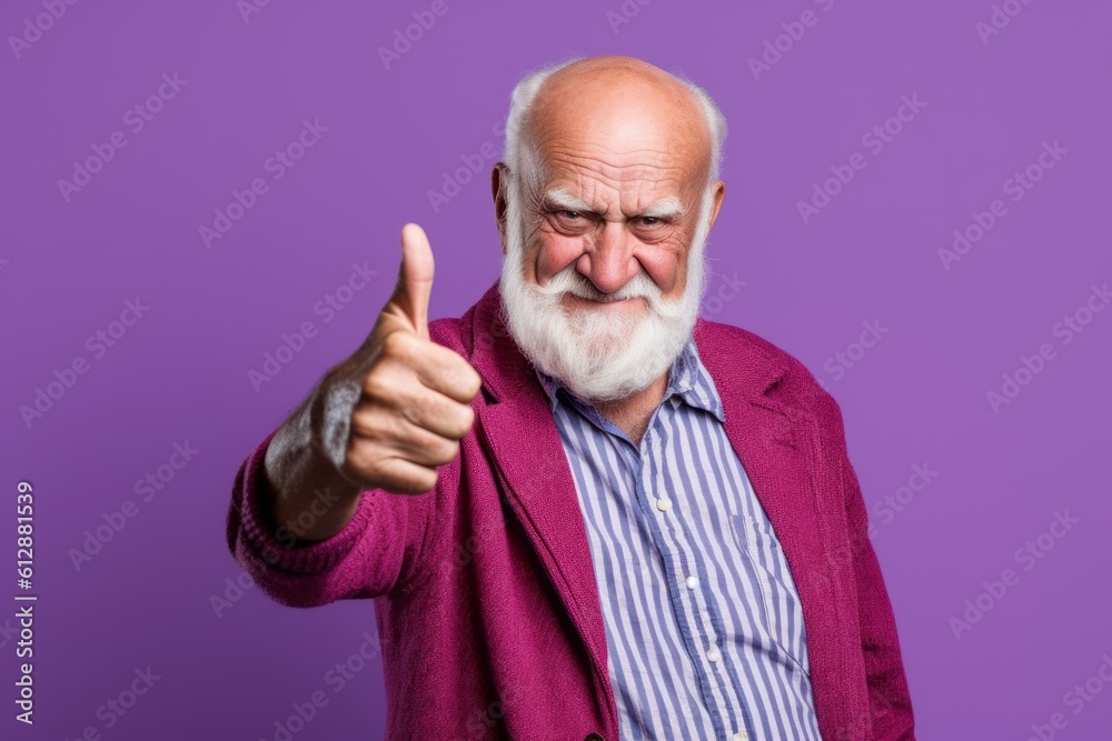 Lifestyle portrait photography of a grinning old man showing a thumb ...
