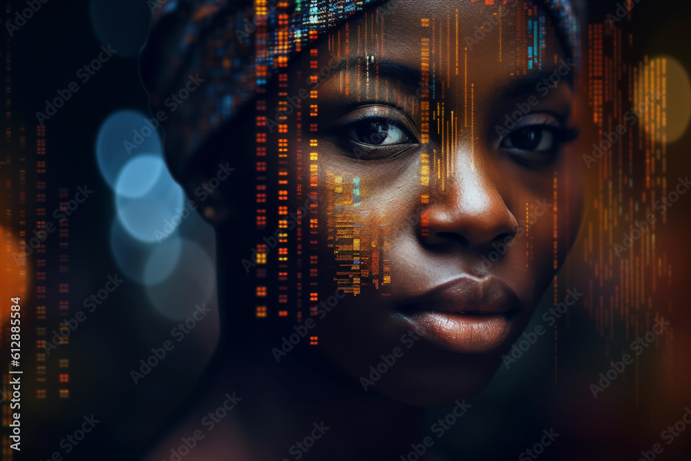 Generative AI image of closeup of crop young African female pixeled ...