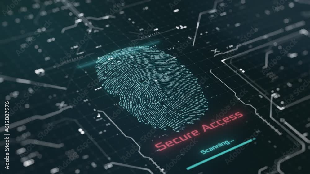 Biometric access animation, scanning fingerprint, cyber security ...