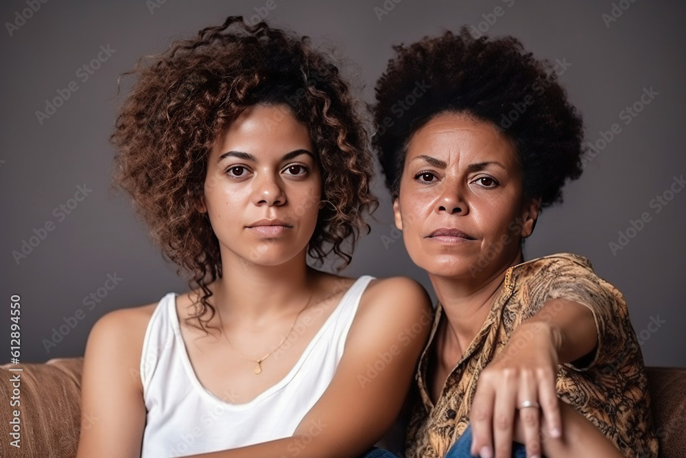 Two black girls hugging each other in front of a dark background ...
