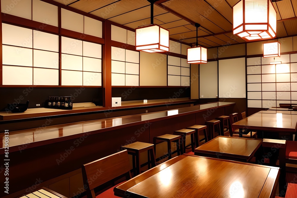 Japanese restaurant. Counter section of a typical small traditional ...