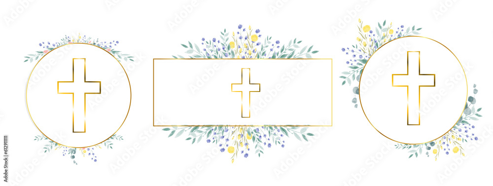 Watercolour hand drawn Floral Cross Clipart, golden frames illustration ...