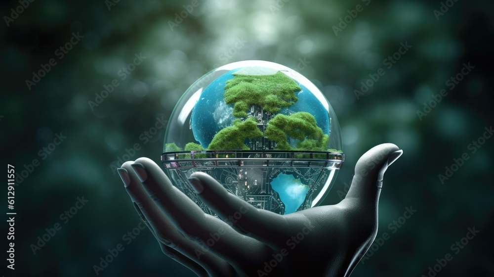 Globe and tree in robot hand with Environment icon. Green technology ...