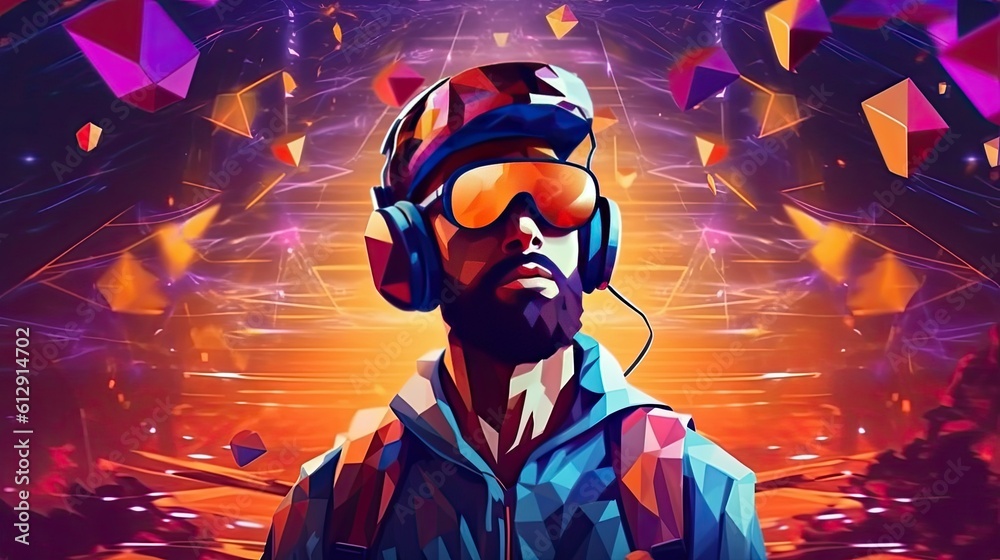 Man wear virtual reality VR goggle on metaverse digital cyber world ...