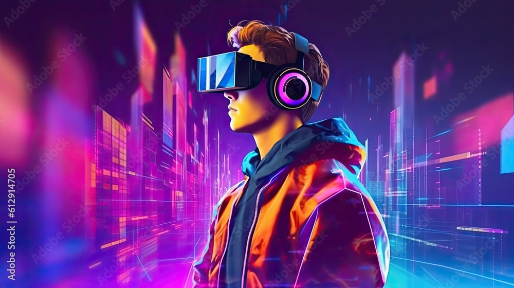 Man wear virtual reality VR goggle on metaverse digital cyber world ...