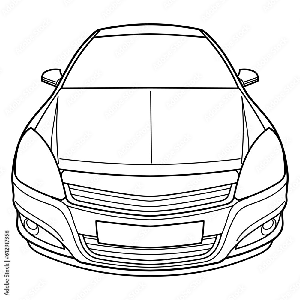 Outline drawing of a classic sedan car wide angle side and front view ...