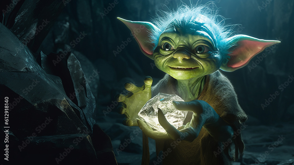 Goblin in a dark cave with a gem in his hands. Gremlin miner minion of ...