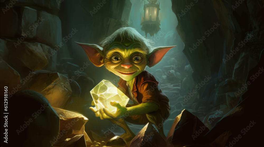 Goblin in a dark cave with a gem in his hands. Gremlin miner minion of ...