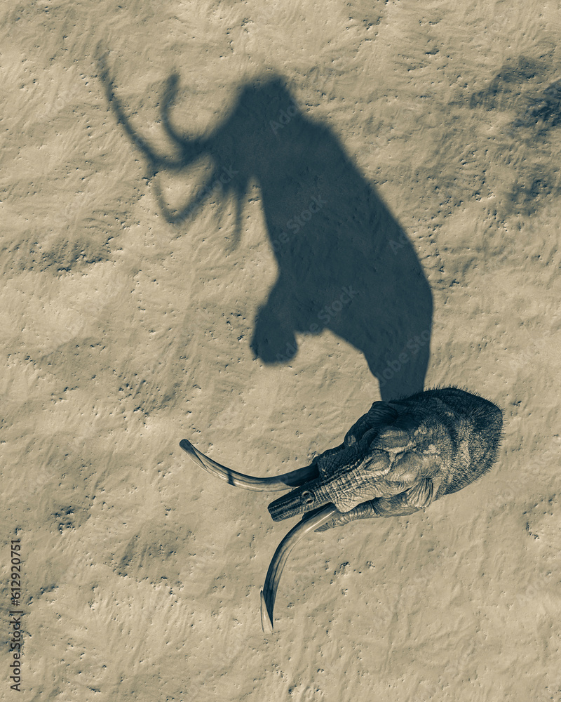 colossadon mammoth is prancing up on the dry desert in top view Stock ...