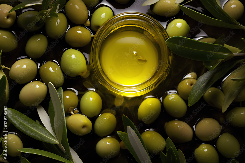 heap of olives, olives in oil, jar of olive oil, object shot of olives ...