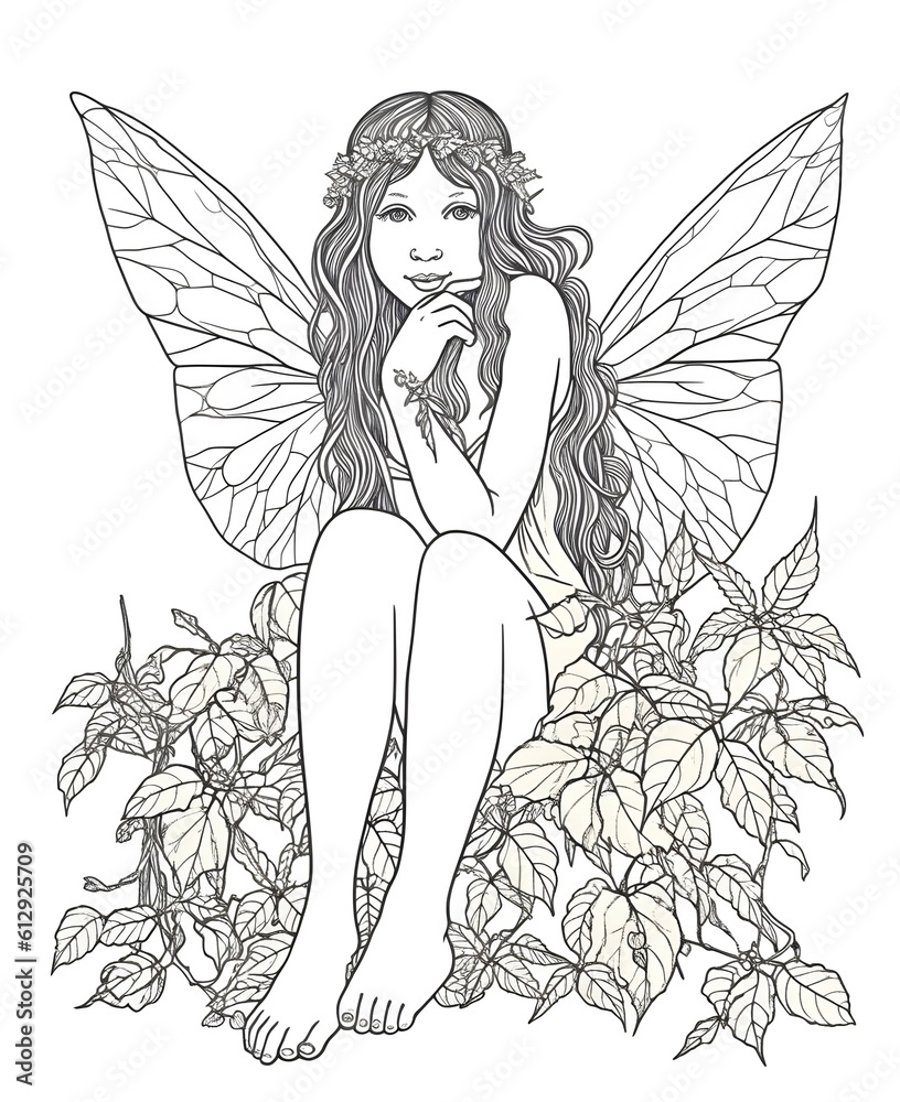 Ink drawing coloring page for children, a beautiful half-length fairy ...