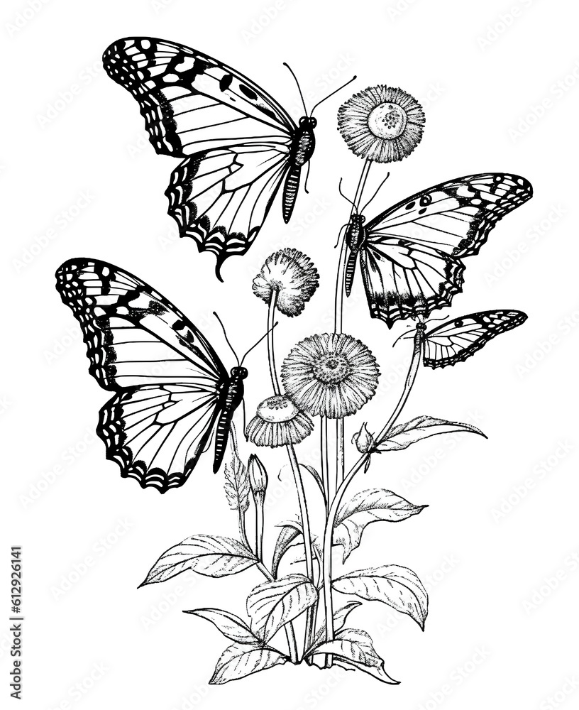 Ink drawing coloring page for children, a beautiful flower, among ... Ink drawing coloring page for children, a beautiful flower, among ...