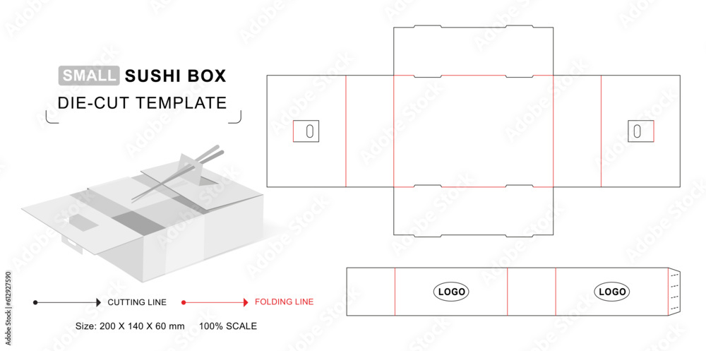 Sushi box die cut template with 3D blank vector mockup for food ...