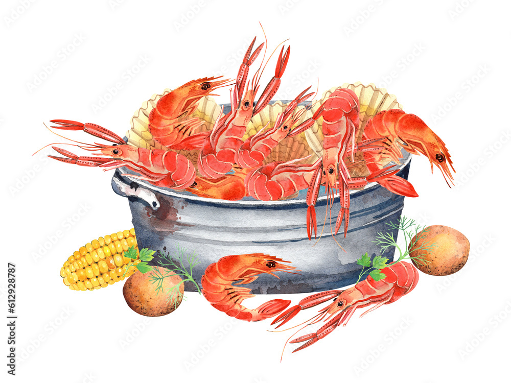 Seafood Crawfish Boil, Louisiana clipart, Shrimps, Fish, Beer, Squid ...