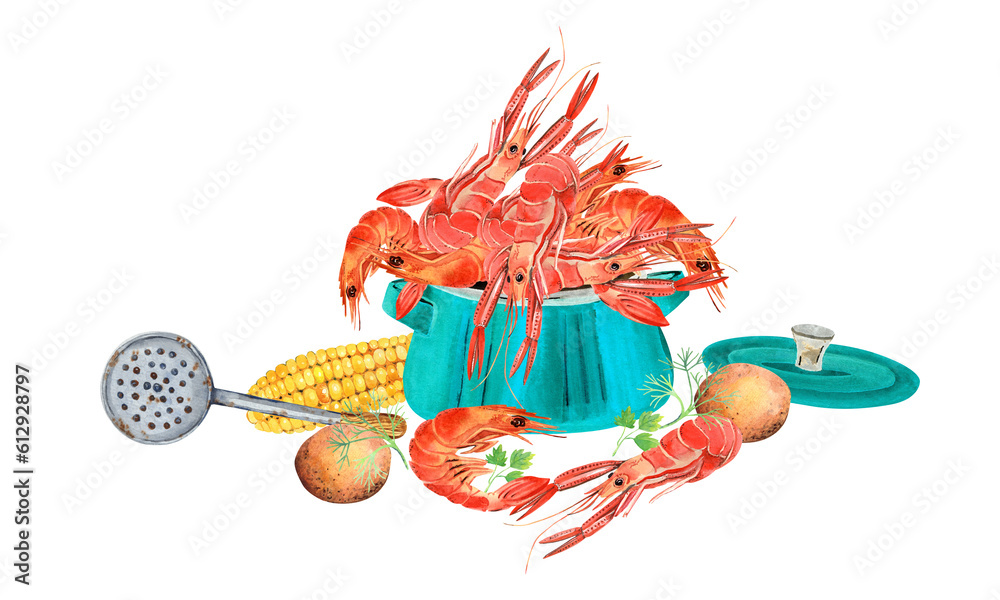 Seafood Crawfish Boil, Louisiana clipart, Shrimps, Fish, Beer, Squid ...
