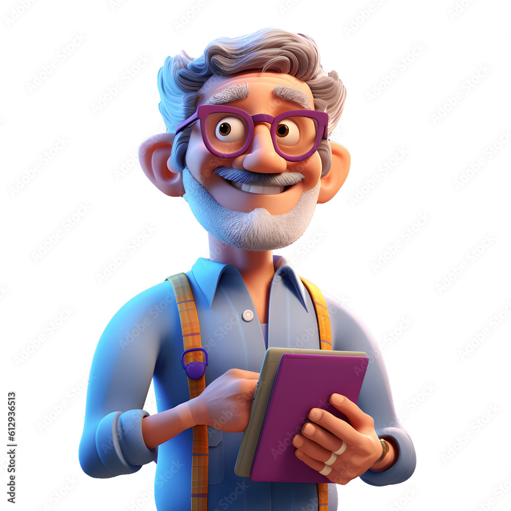 3d Old Professor in glasses holding a tablet, E Learning concept, 3d ...