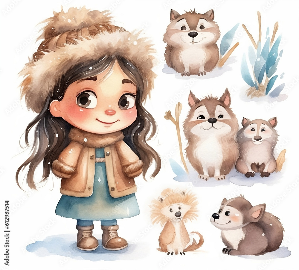 Cute adorable little Eskimo girl character watercolor for clipart ...