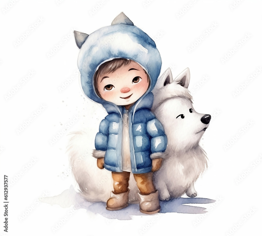 Cute adorable little Eskimo boy character watercolor for clipart ...