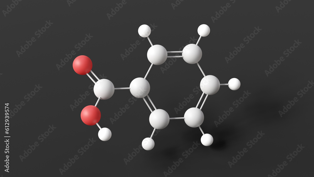 benzoic acid molecule, molecular structure, aromatic carboxylic acid, ball and stick 3d model ...