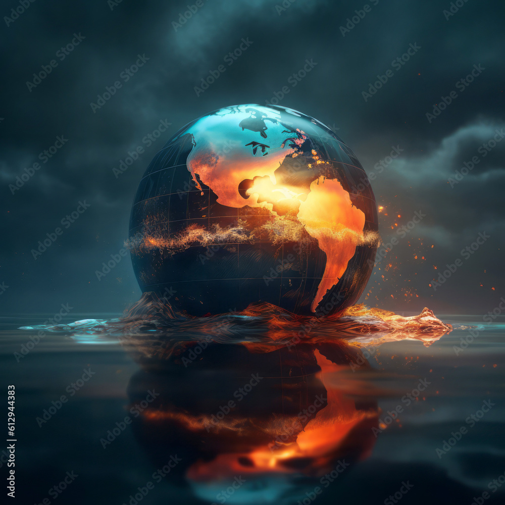 Earth globe floating on a puddle of gasoline, starting to burn ...