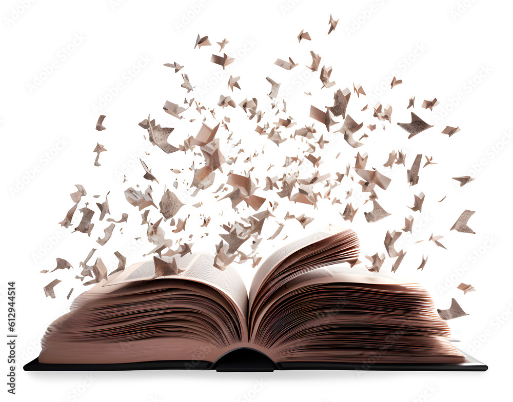 Open book with flying pages white background, flying knowledge concept ...