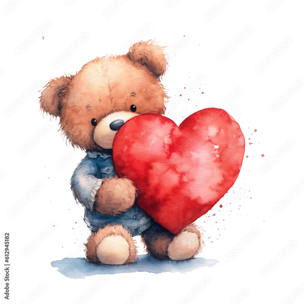 cute teddy bear cuddling a big red heart in watercolor design isolated ...