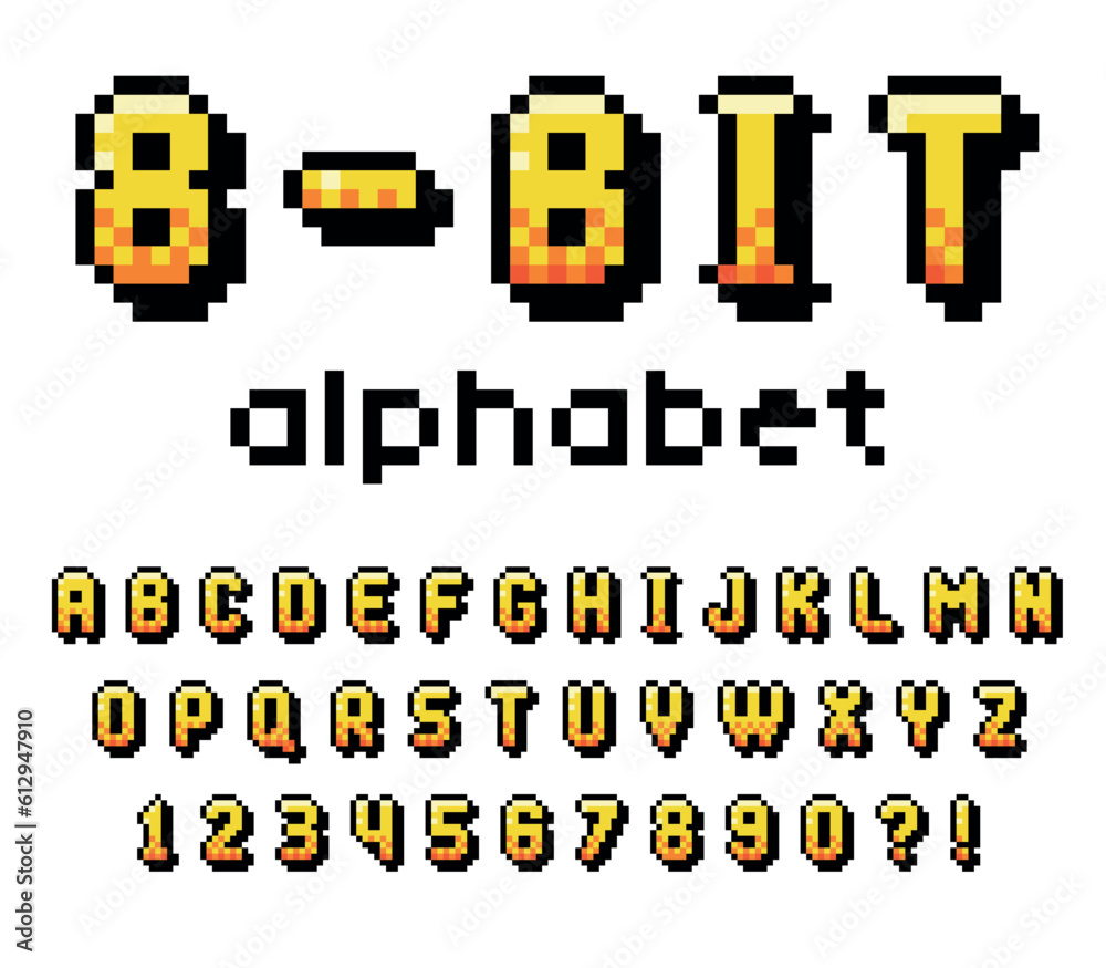 Pixel 8 Bit Font and Alphabet Letters and Numbers Vector Set Stock ...