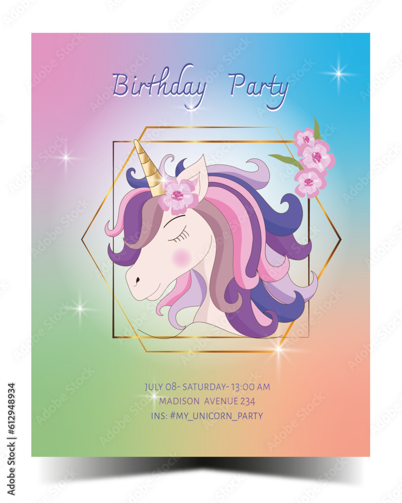 Cute unicorn invitation with flowers and frame. Ready to print. Vector ...