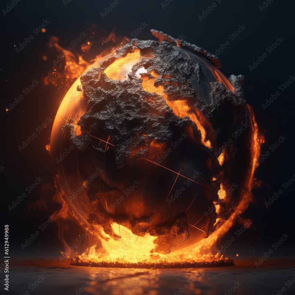 Carbonized Earth globe destroyed by fire, collapsing and burning on ...